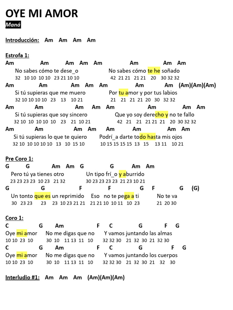 Oye Mi Amor - Letra, Acordes y Punteo | PDF