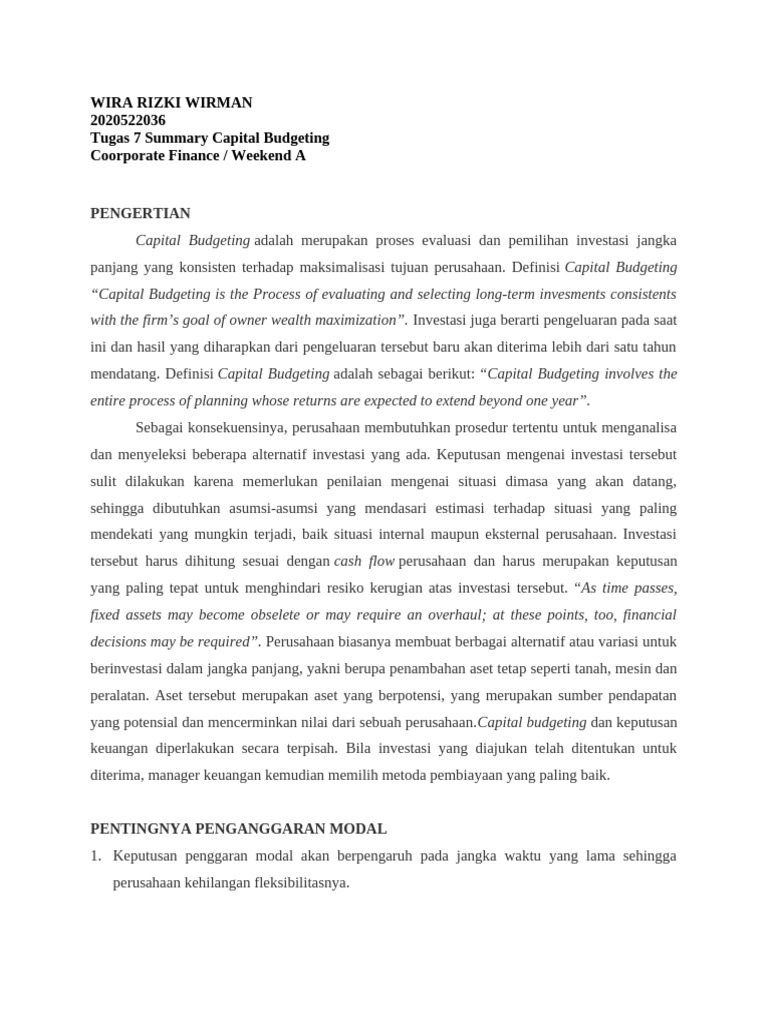 Tugas 7 Summary Capital Budgeting | PDF