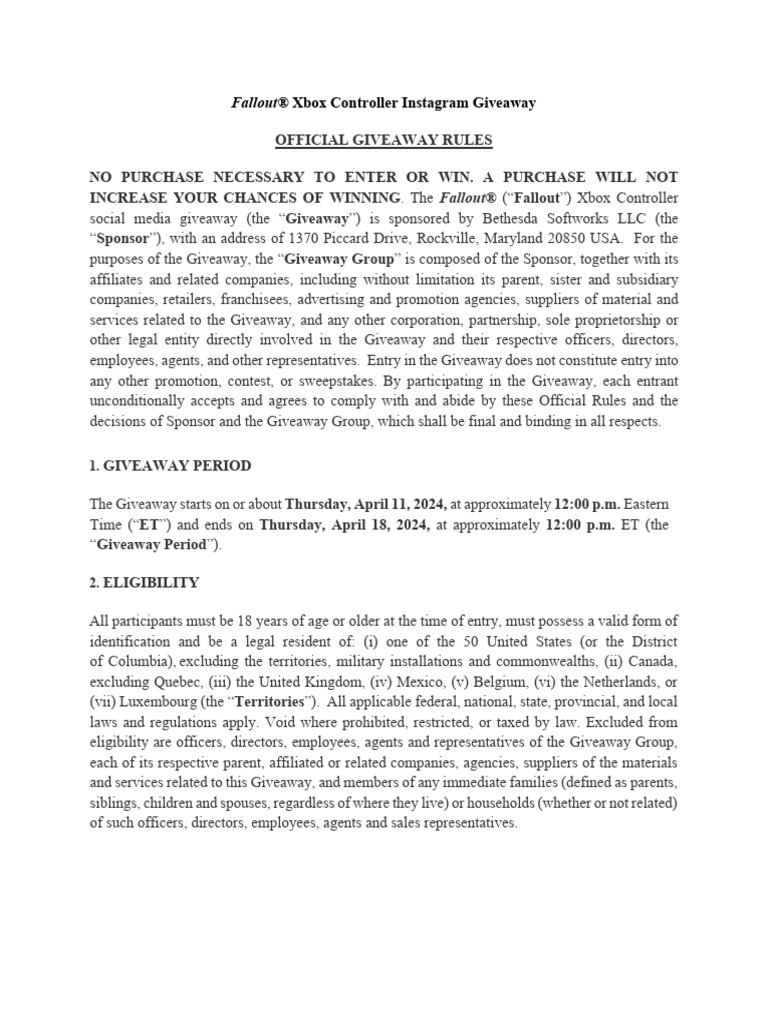 Fallout Xbox Controller Instagram Giveaway Rules April 4 | PDF