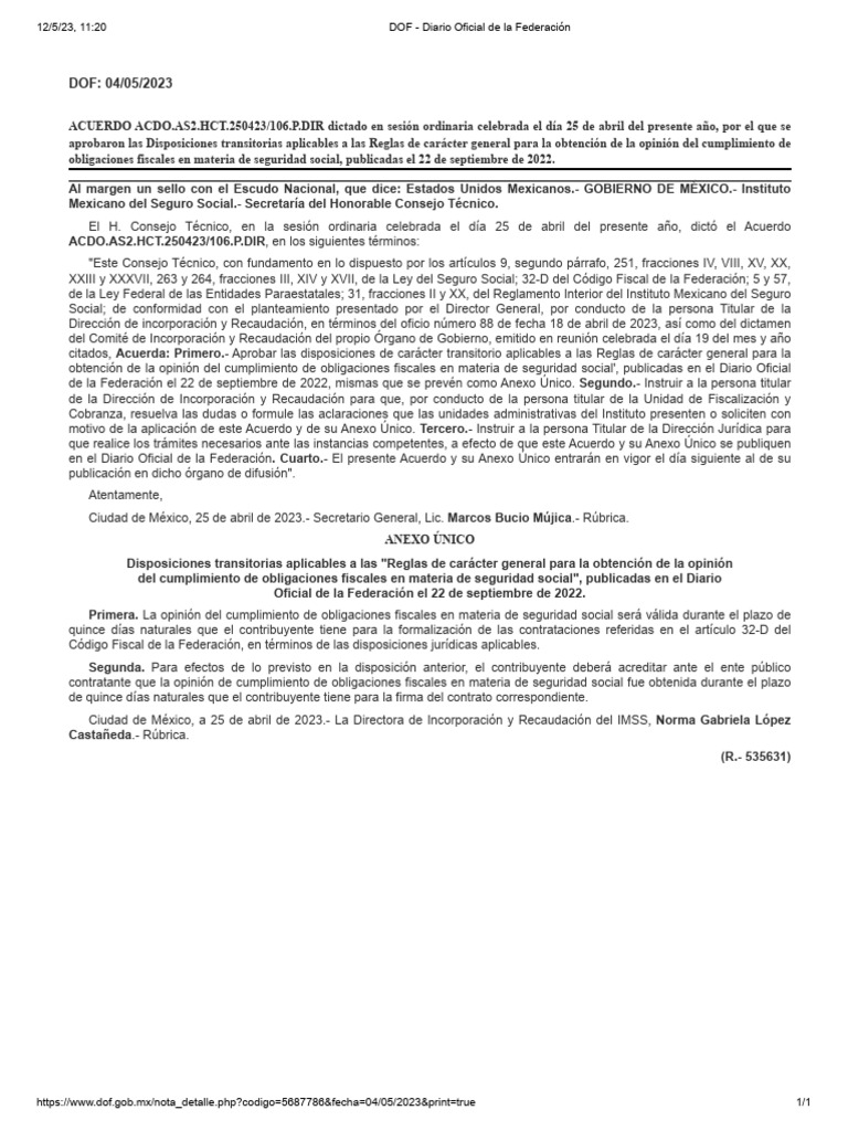 Acuerdo 250423-106.P.DIR Vigencia Opinion de Cumplimiento IMSS | PDF Acuerdo 250423-106.P.DIR Vigencia Opinion de Cumplimiento IMSS | PDF