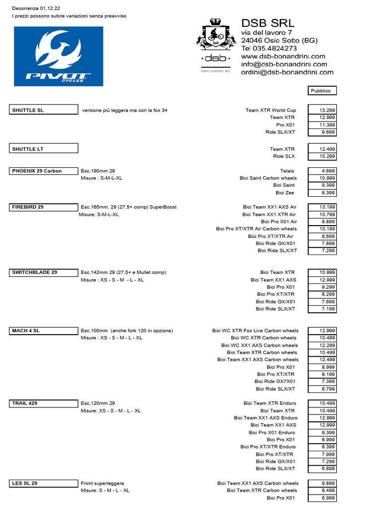 Listino Prezzi Pivot 2023 | PDF