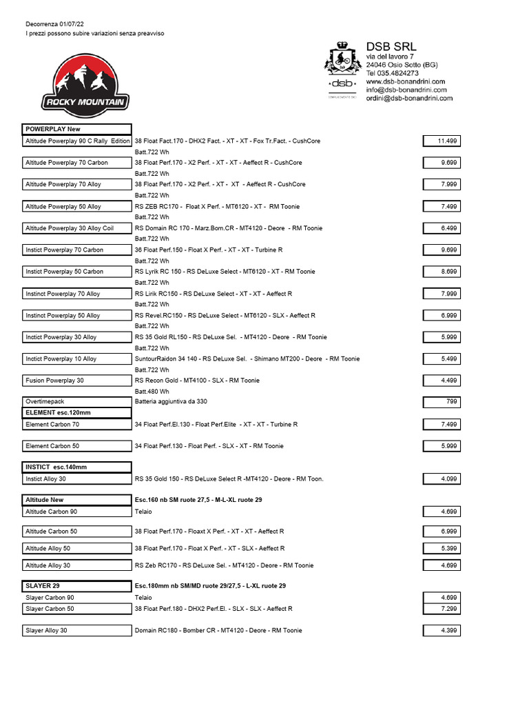 Listino Prezzi Rocky Mountain 2023 | PDF