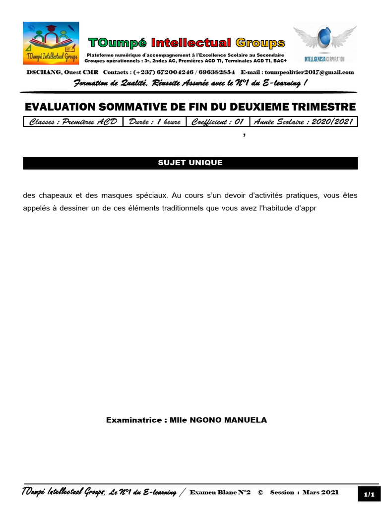 Dessin D'art - Toumpé Intellectual Groups, Le N°1 Du e - Learning Examen Blanc - Première A C D ...