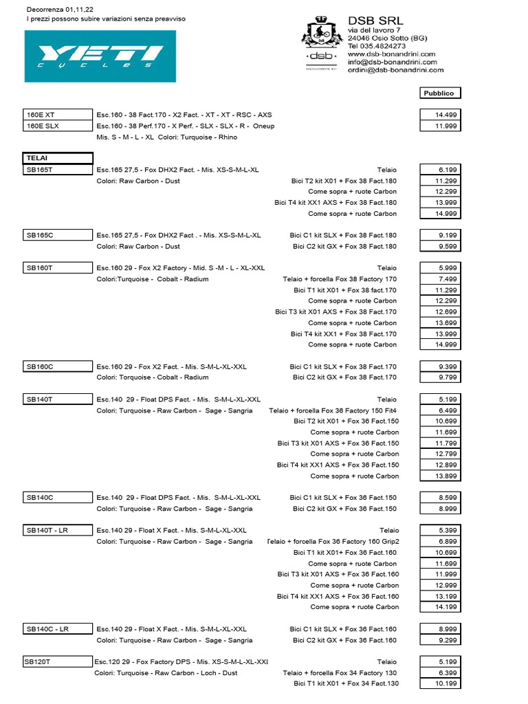 Listino Prezzi Yeti 2023 | PDF