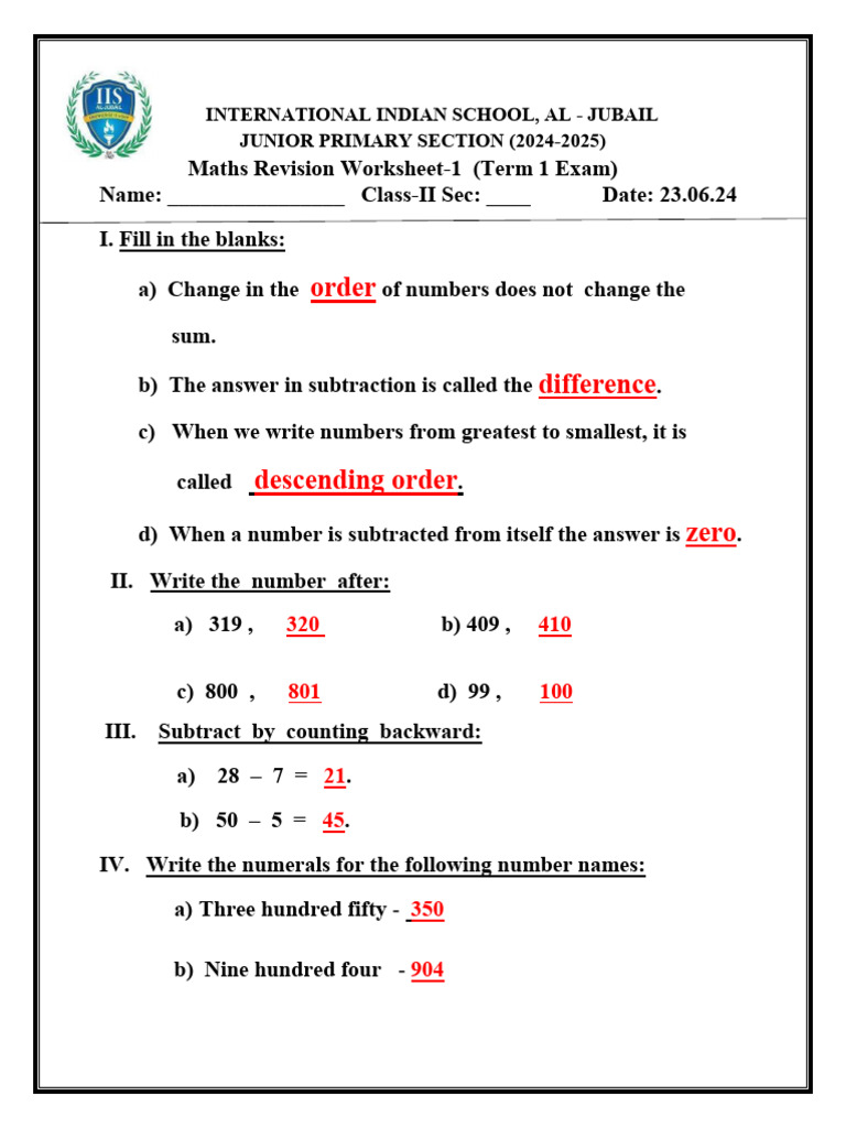 Class 2 - Worksheet - Answer Keys | PDF