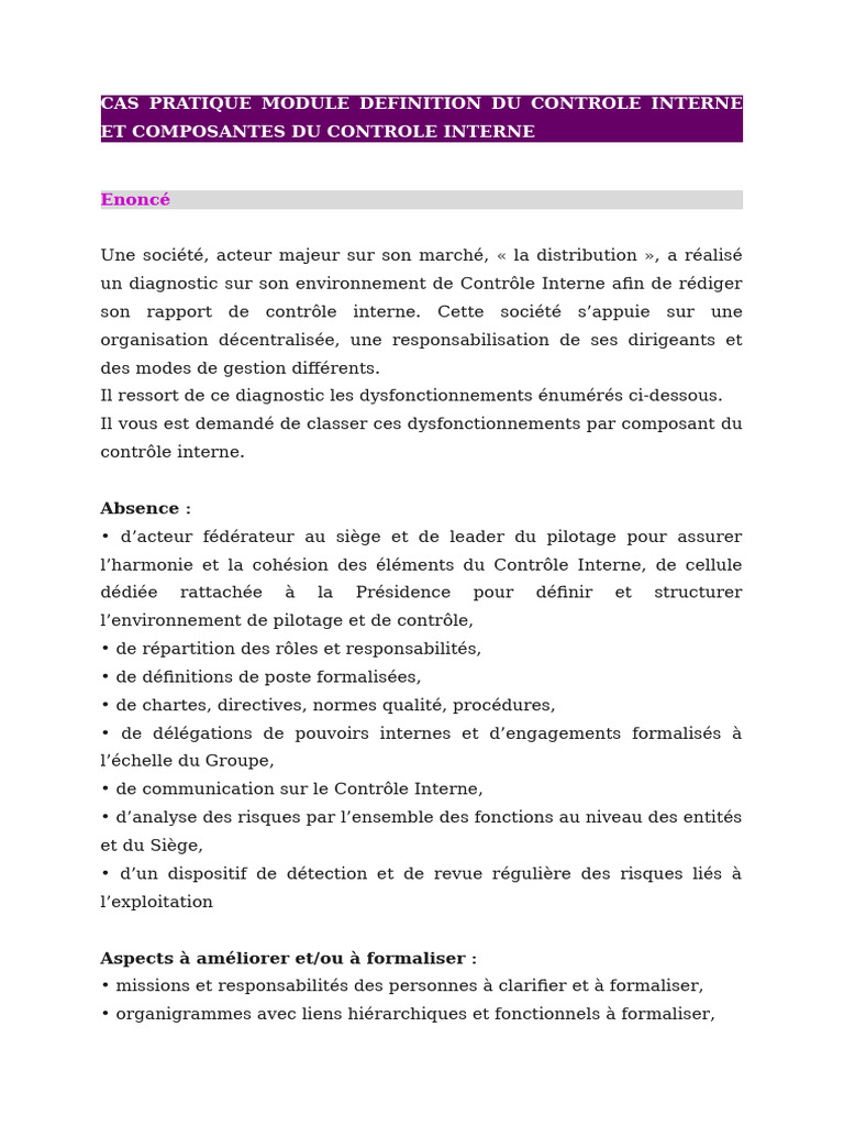 Cas Pratique 1 Definition Du Controle Interne Et Composantes Du ...