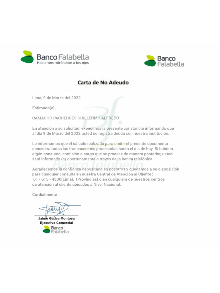 Carta de No Adeudo Banco Falabella @sbs-Perú | PDF