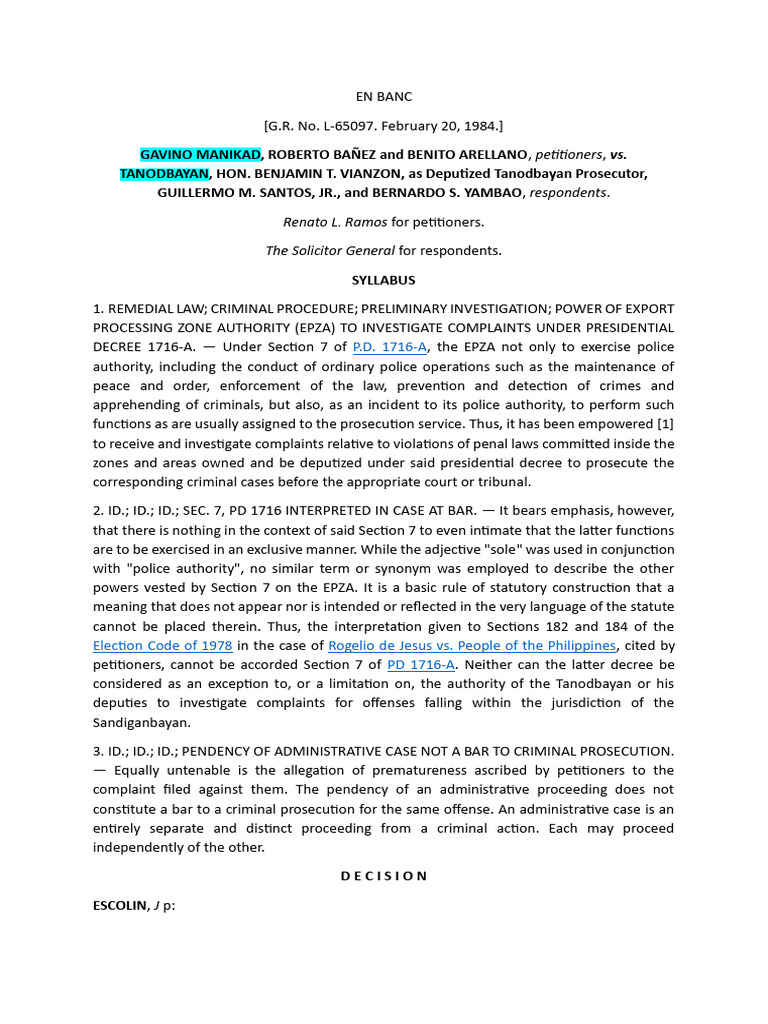 G.R. No. L-65097 - Manikad Et Al Vs Tanodbayan | PDF