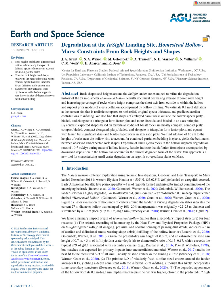 Earth and Space Science - 2022 - Grant - Degradation at The InSight Landing Site Homestead ...