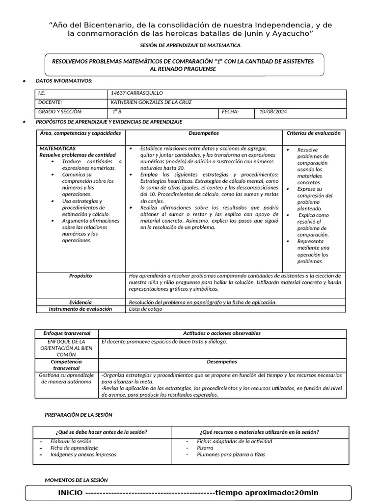 1º U6 S1 Sesion D2 Mat Resolvemos Problemas de Comparacion 1 | PDF