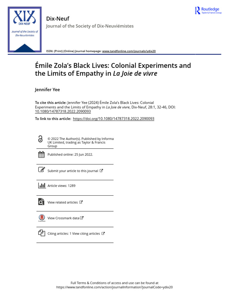 Mile Zola S Black Lives Colonial Experiments and The Limits of Empathy in La Joie de Vivre | PDF