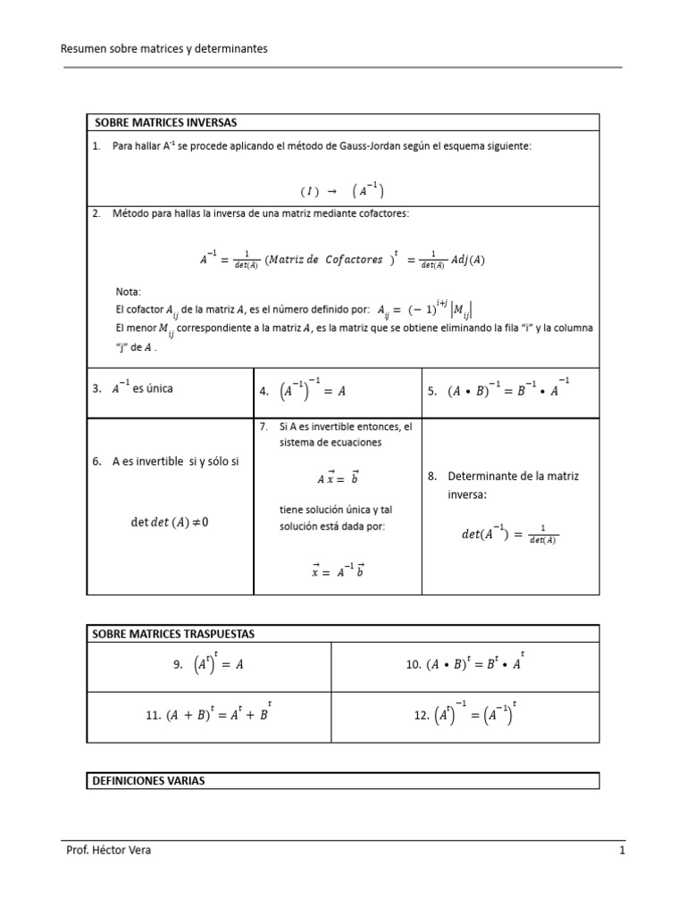 Resumen Matrices y Determinantes | PDF