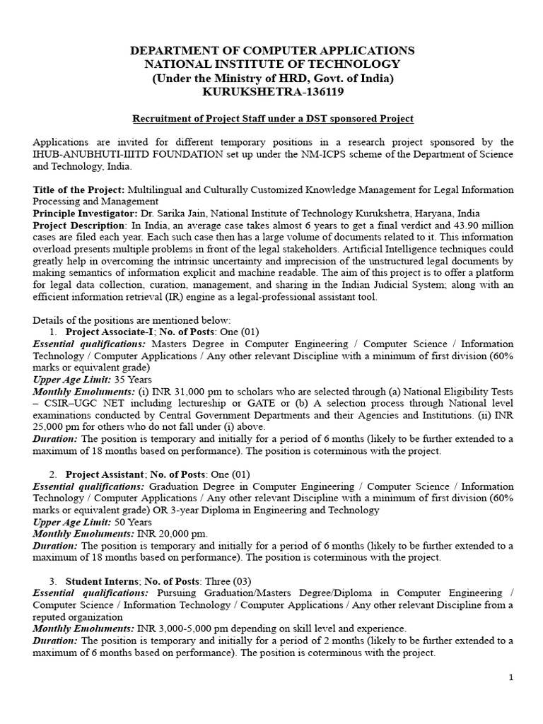 Project Staff, NIT Kurukshetra | PDF