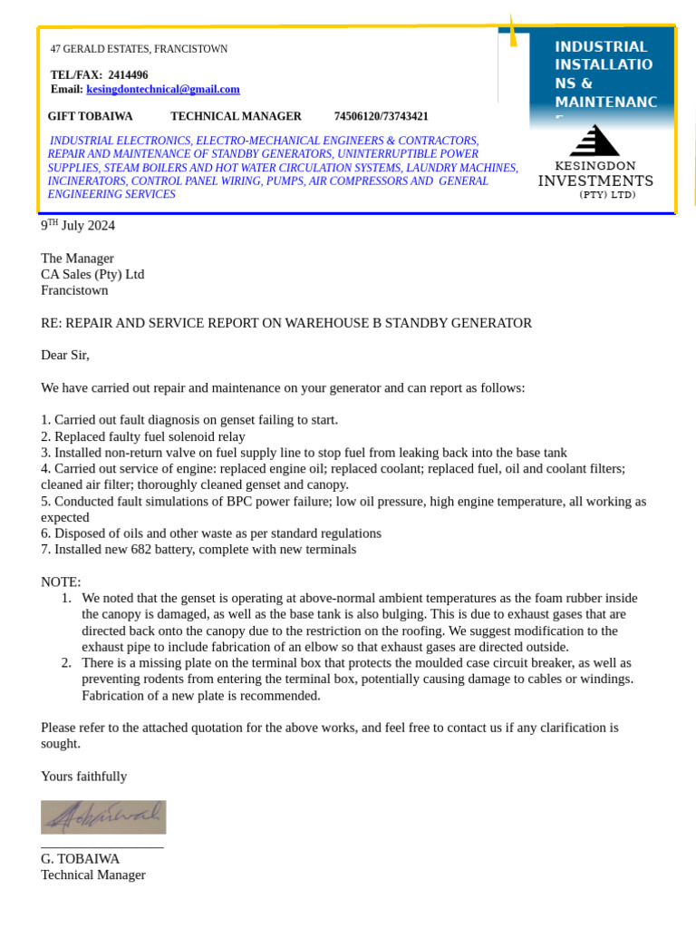 Generator Repair and Service Report | PDF | Engines | Water Heating