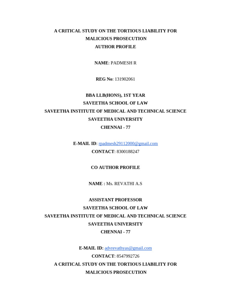 A Critical Study On The Tortious Liability For Malicious Prosecution | PDF