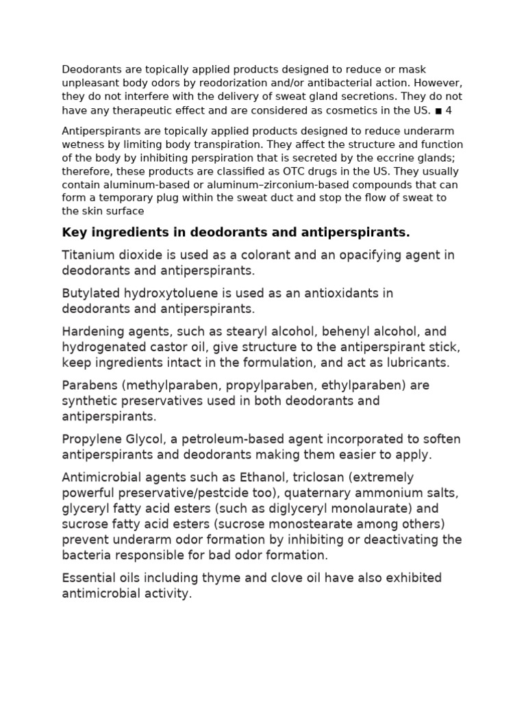 Key Ingredients in Deodorants and Antiperspirants | PDF