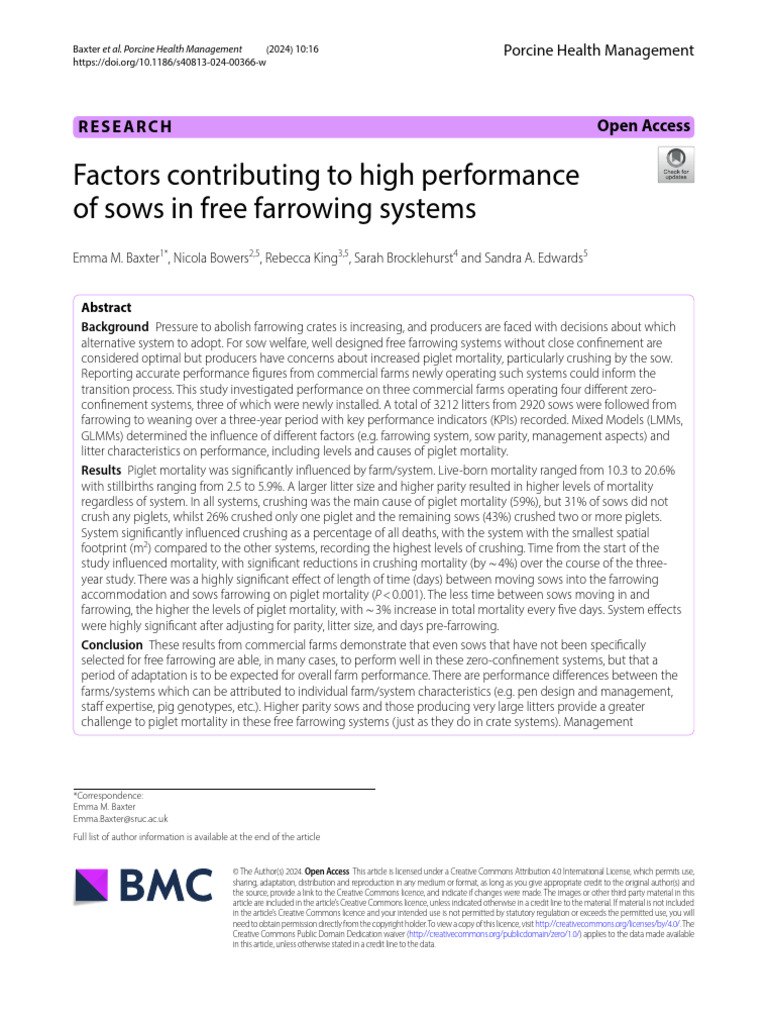 Factors Contributing To High Performance of Sows in Free Farrowing ...