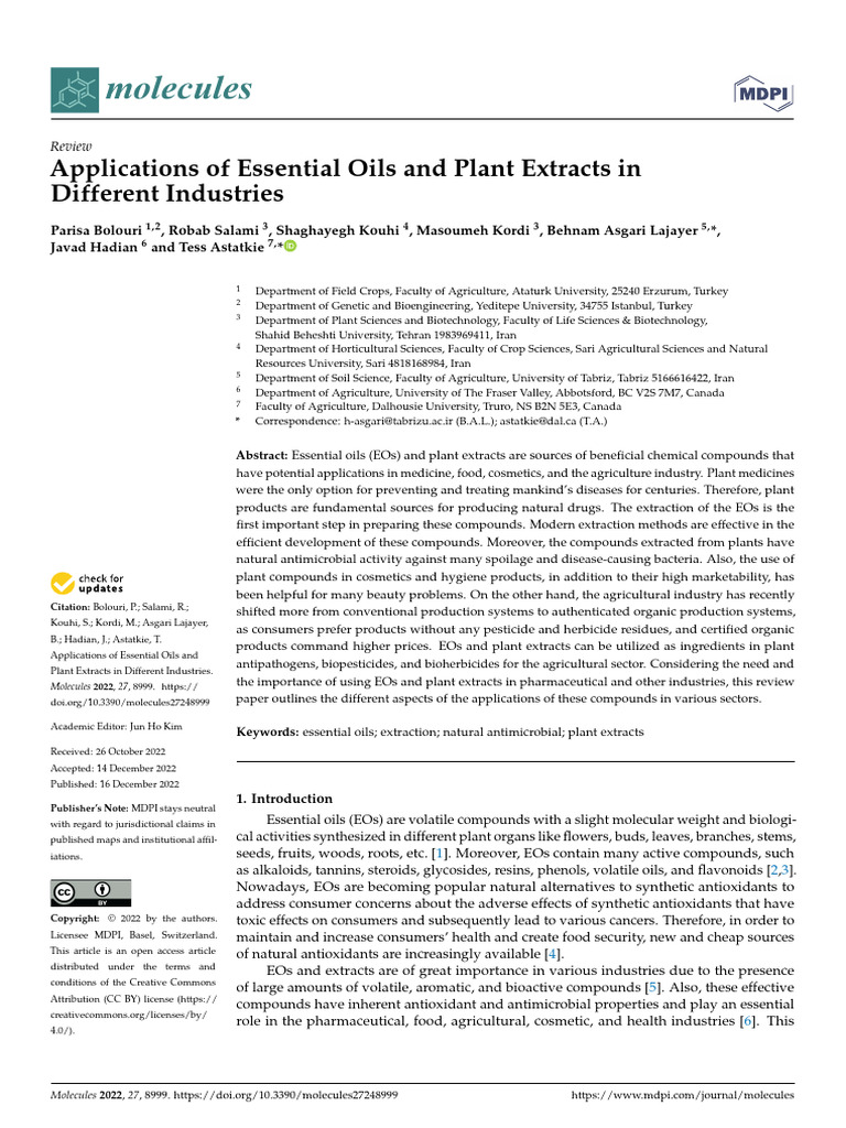 Applications of Essential Oils and Plant Extracts in Different ...