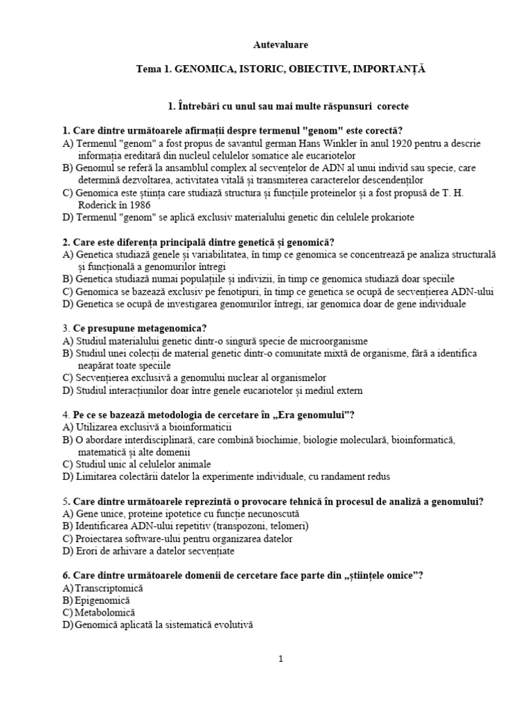 Tema 1 Autoevaluare Genomica S | PDF
