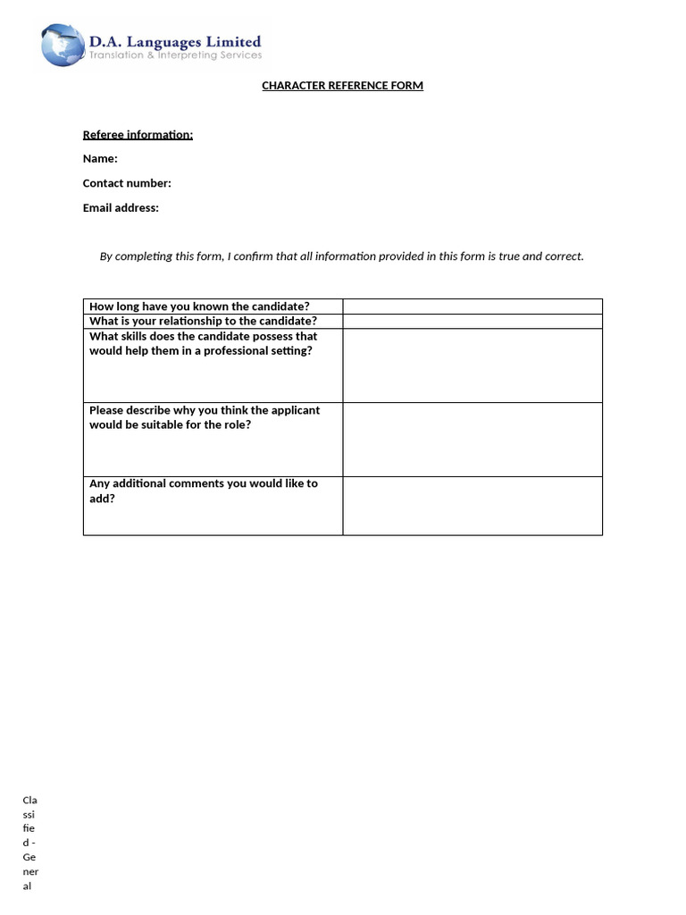 Character Reference Form | PDF