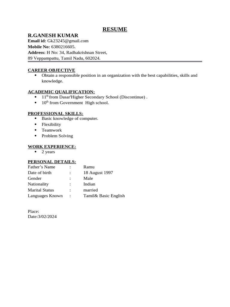 Simple Fresher Resume Format | PDF