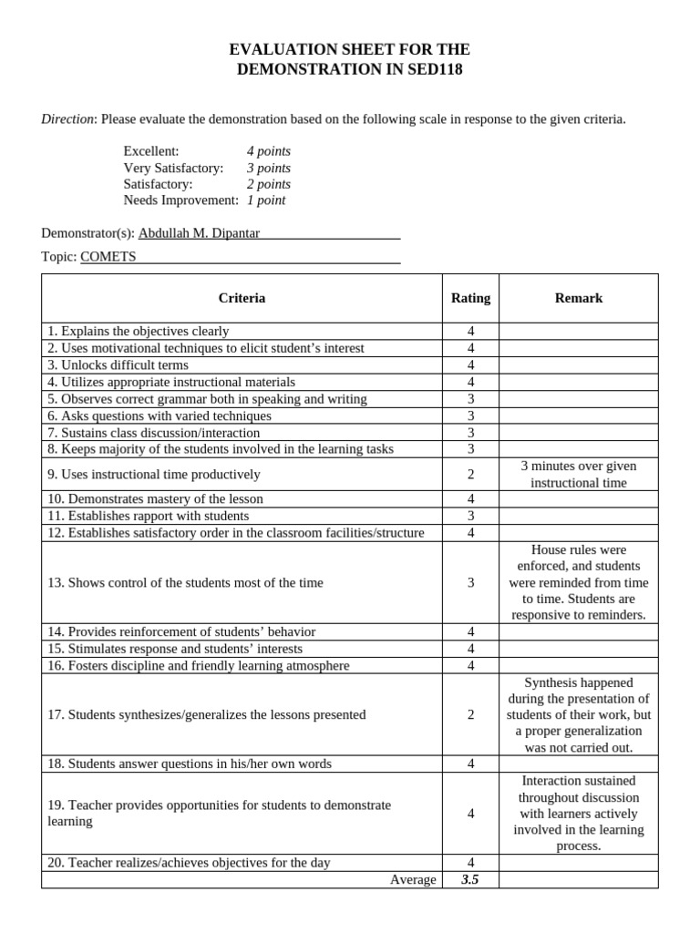 Demo Evaluation Sheet | PDF