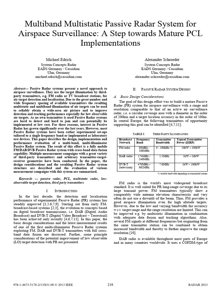 Multiband Multistatic Passive Radar System For Airspace Surveillance - A Step Towards Mature PCL ...