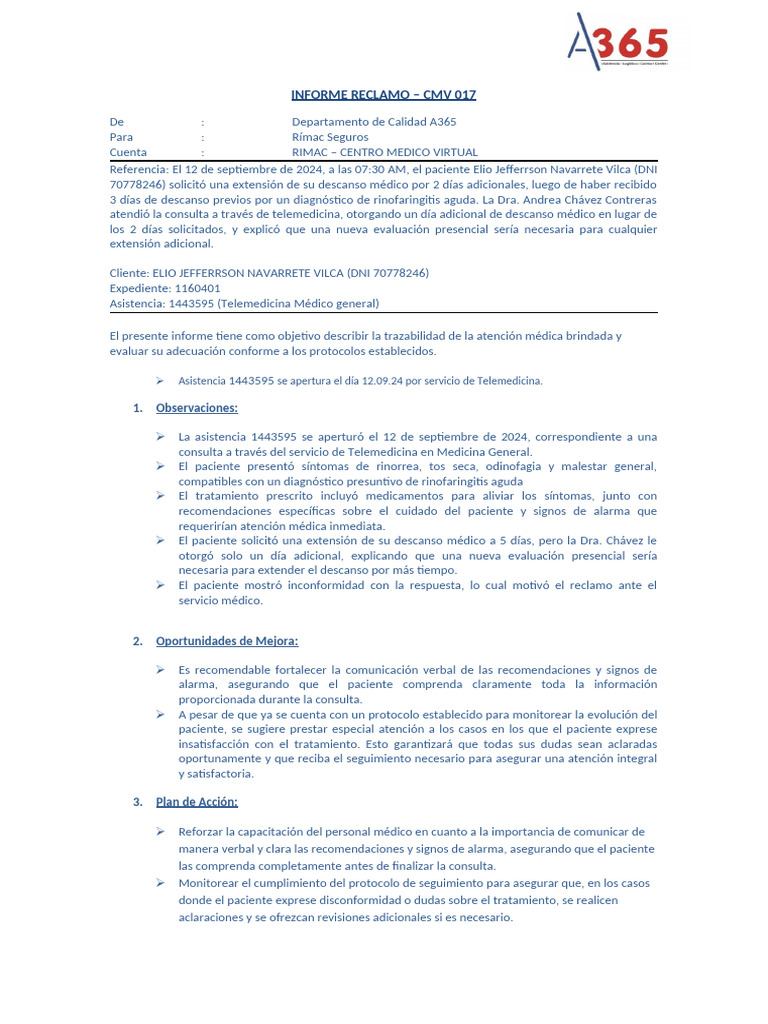 Informe Reclamo - CMV 012 Diana Mariol Linares Salazar | PDF
