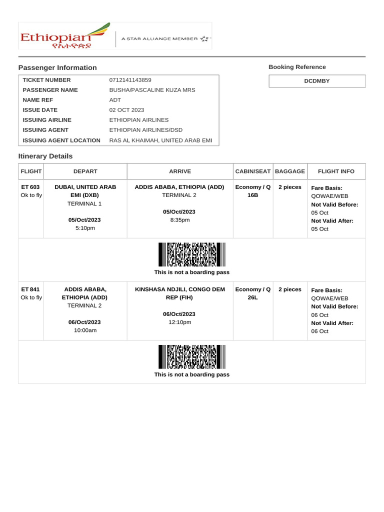 Electronic Ticket Receipt, October 05 For MRS PASCALINE KUZA BUSHA | PDF | Aviation