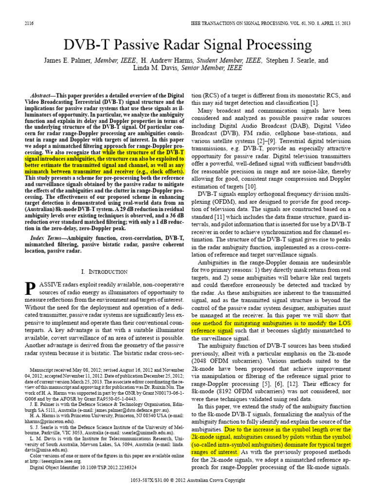 DVB-T Passive Radar Signal Processing, Palmer | PDF