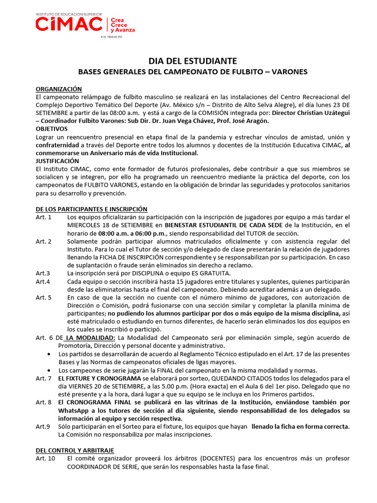 BASES FULBITO Varones CIMAC - DIA DEL ESTUDIANTE | PDF