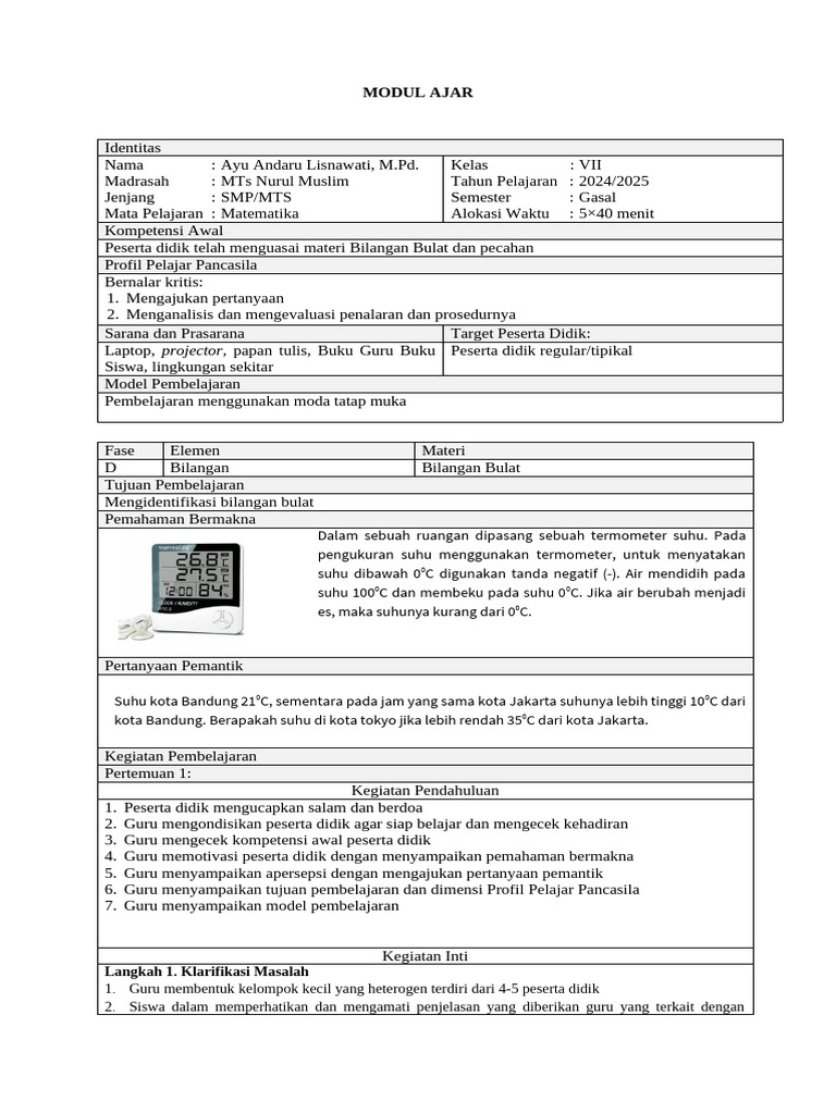 Modul Ajar Bilangan Bulat - MTK Kls 7 | PDF