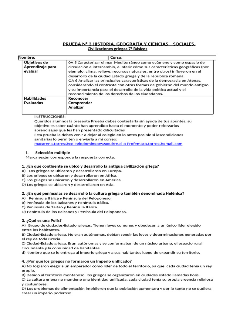 Prueba #3 Historia 7° Básico | PDF