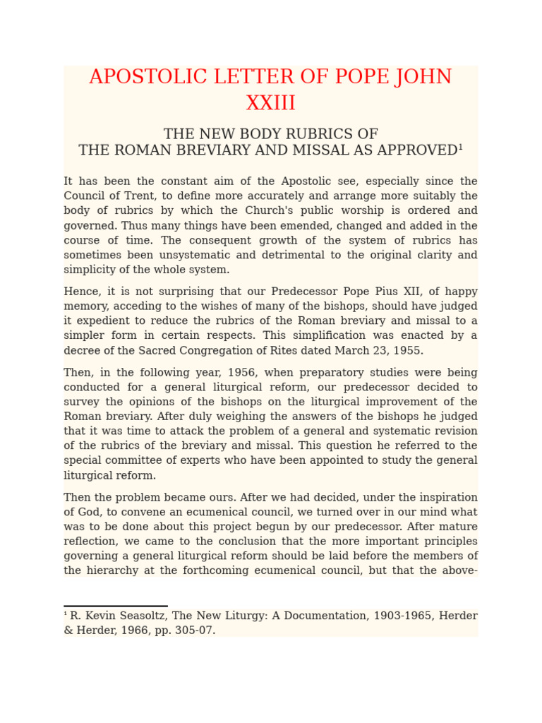 Apostolic Letter of Pope John Xxiii Novum Rubricarum | PDF | Catholic ...
