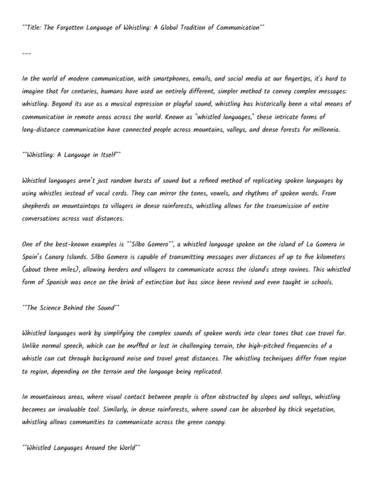 The Forgotten Language of Whistling - A Global Tradition of ...