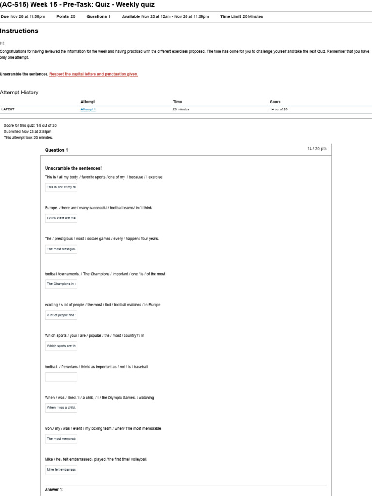 Week 15 Quiz: Sentence Unscrambling | PDF | Association Football ...