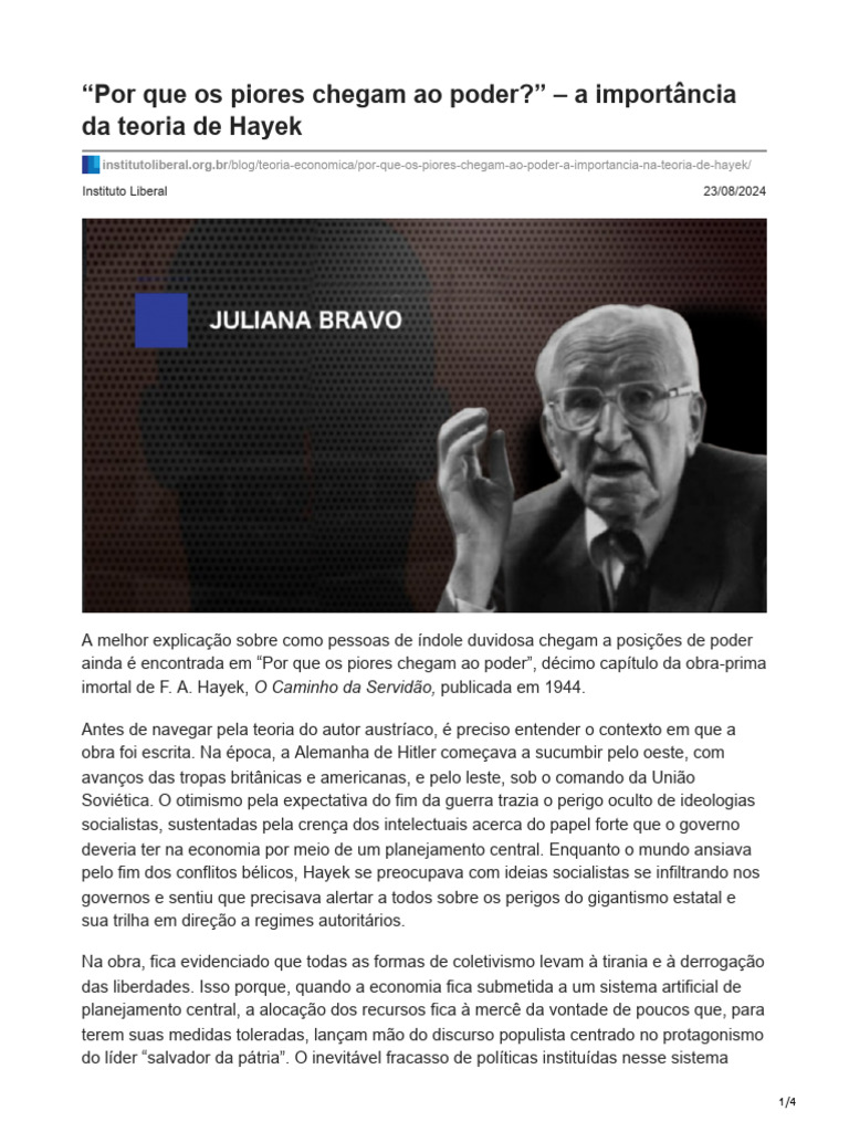 Por Que Os Piores Chegam Ao Poder A Importância Da Teoria de Hayek | PDF
