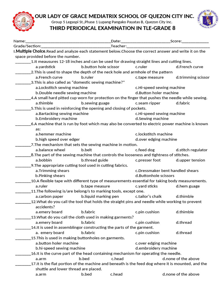 First Day Third Periodical Examination in Tle Grade 8 | PDF