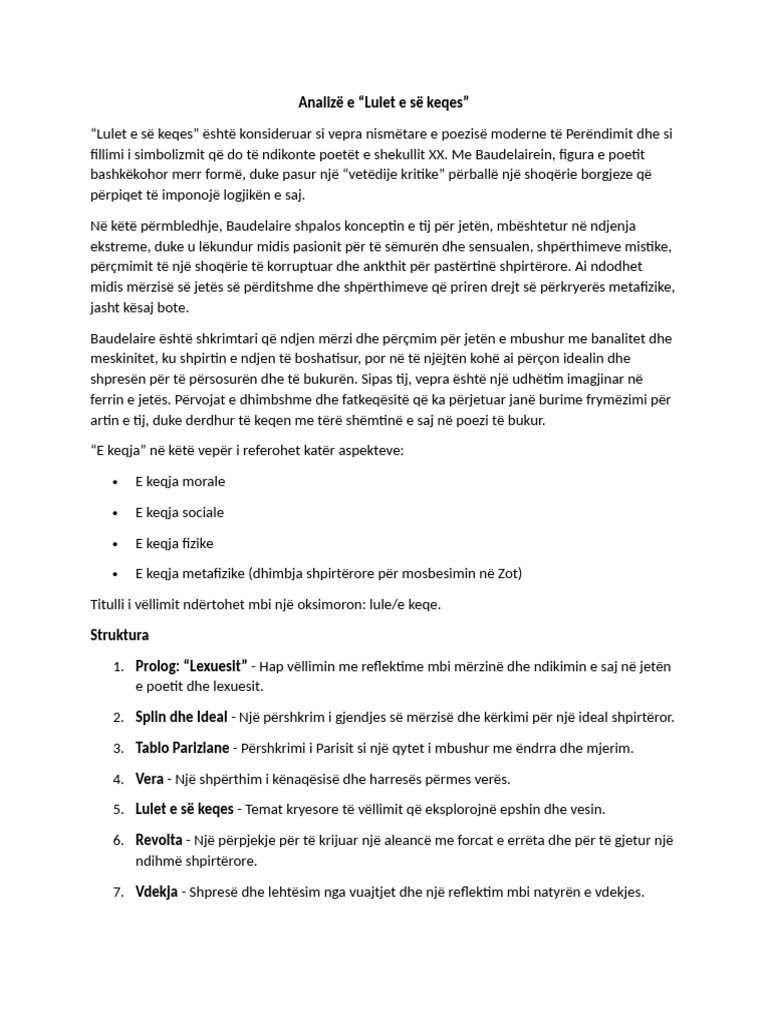 Analizë e Vepres Lulet e Se Keqes | PDF