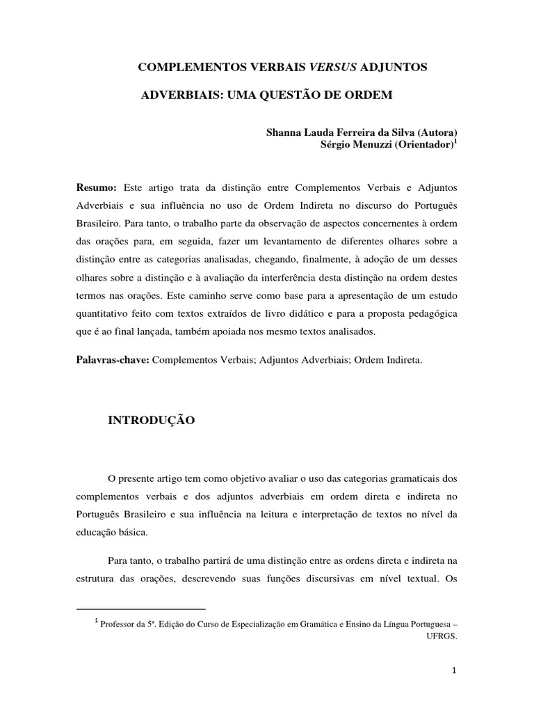 Complementos Verbais Adjuntos Adverbiais: Uma Questão de Ordem | PDF