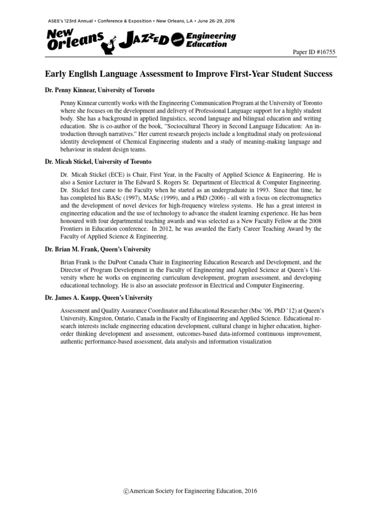Early English Language Assessment To Improve First Year Student Success ...