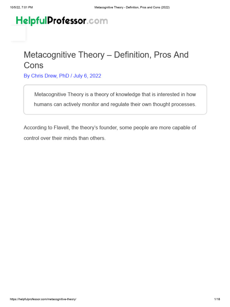 Metacognitive Theory - Definition, Pros and Cons (2022) | PDF | Metacognition | Career & Growth
