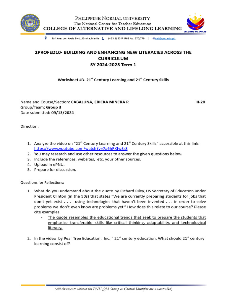 Worksheet 3 21st Century Learning and 21st Century Skills | PDF