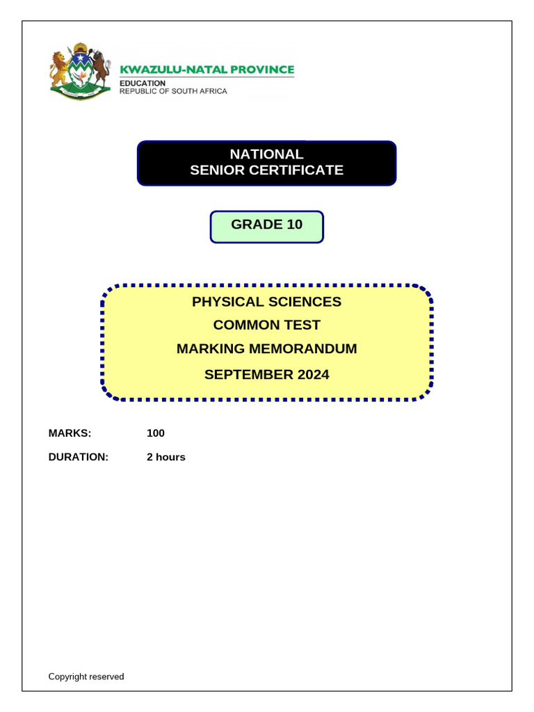 Physical Science Grade 10 September 2024 Memo AMENDED | PDF