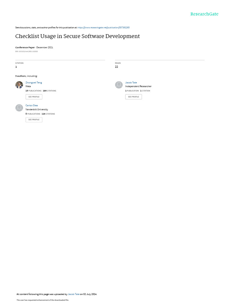 Checklist Usage in Secure Software Development | PDF