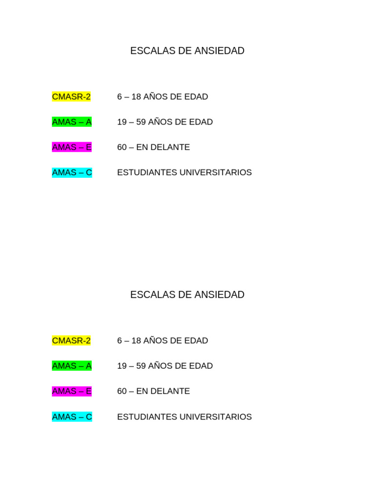 Escalas de Ansiedad | PDF