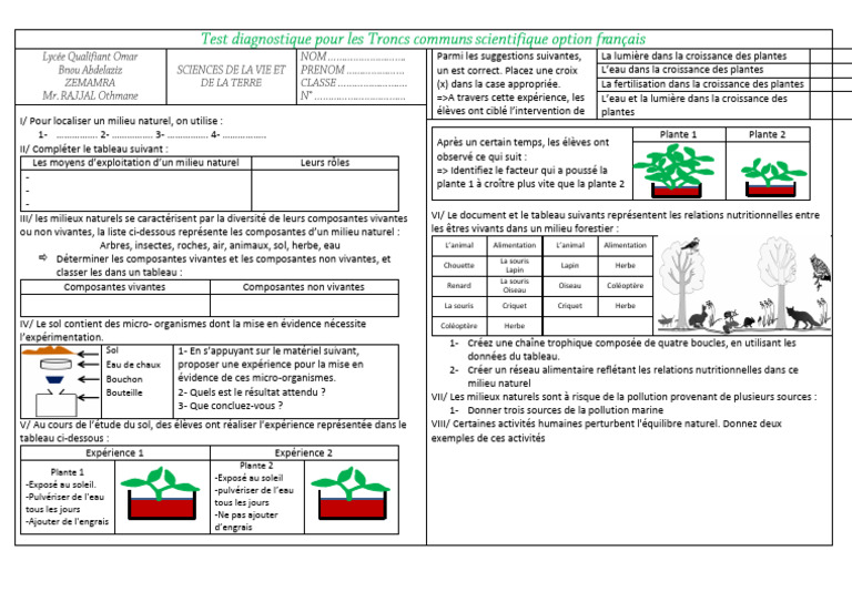 Evaluation Diagnostique SVT Tronc Commun PDF 8 | PDF