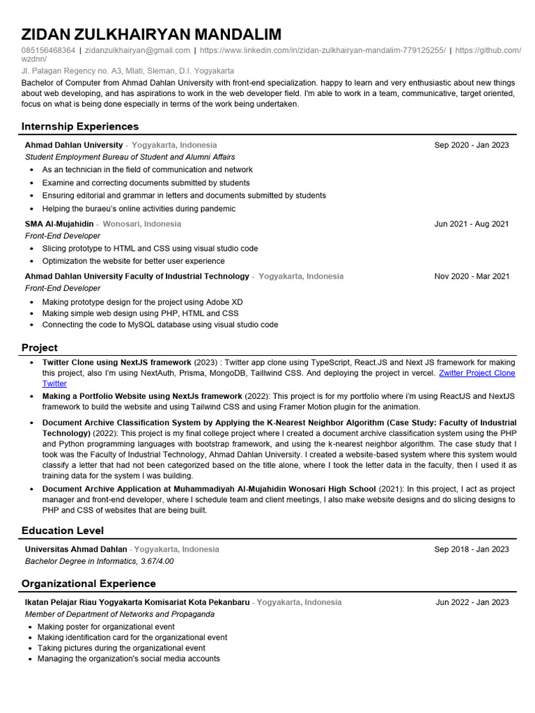 Zidan Zulkhairyan Mandalim: Internship Experiences | PDF