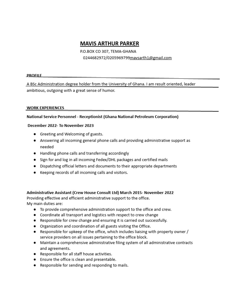 Mavis Arthur Parker's CV | PDF