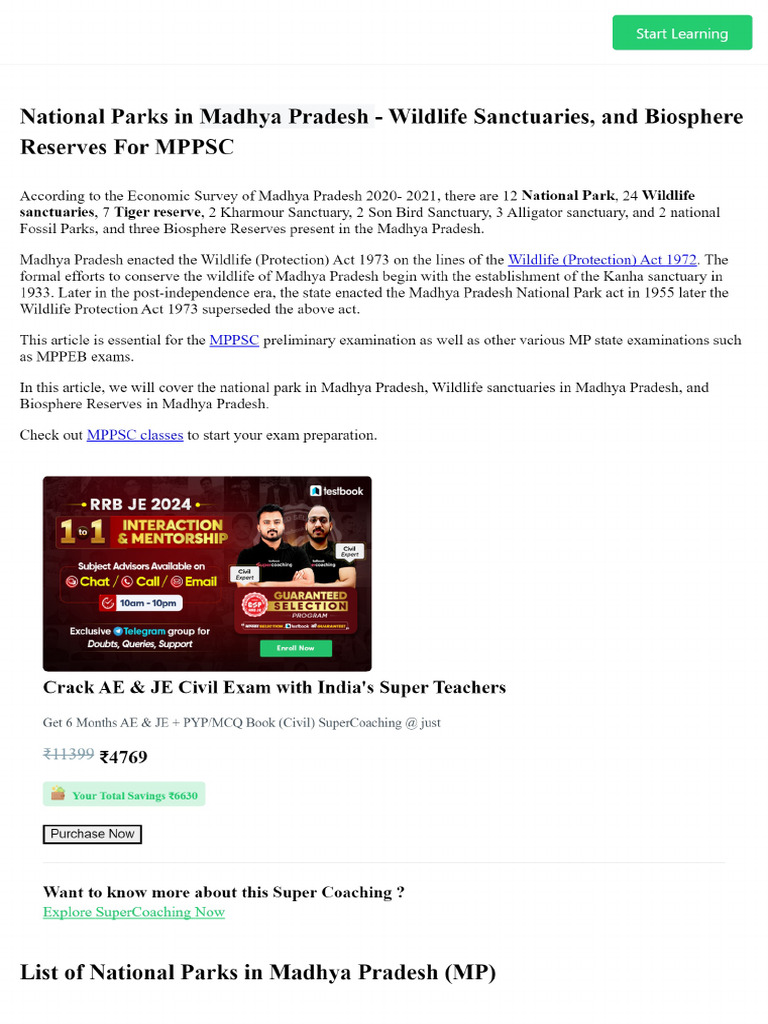 10 National Parks in Madhya Pradesh (MP), Wildlife Sanctuaries | PDF